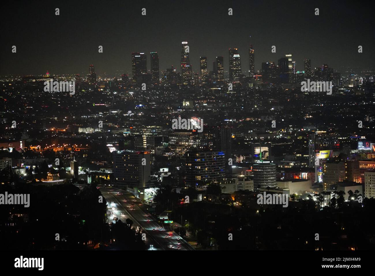 The skyline at night in Los Angeles. Los Angeles (LA), a modern and ...
