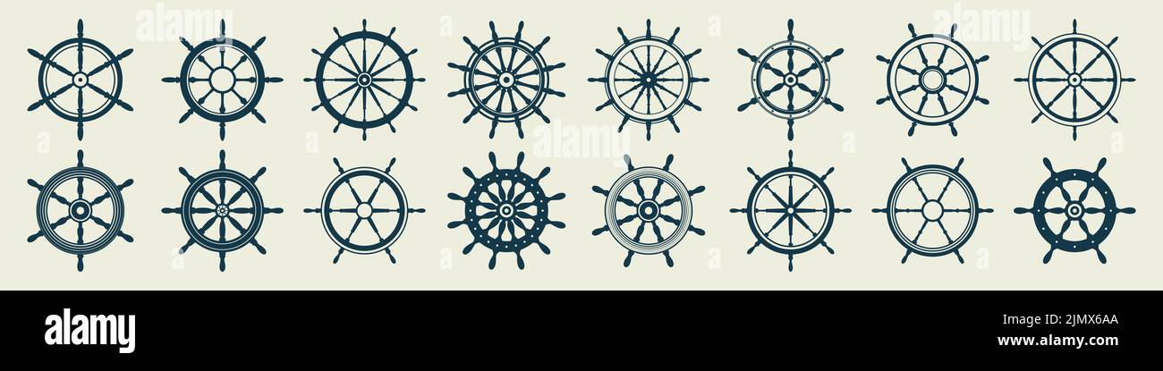 Collection of vintage steering wheels. Ship, yacht retro wheel symbol ...