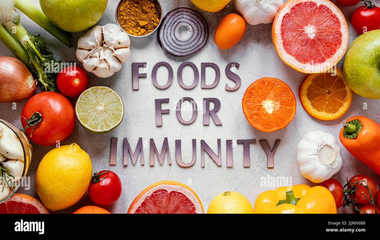 Flat lay healthy food immunity boosting composition Stock Photo - Alamy