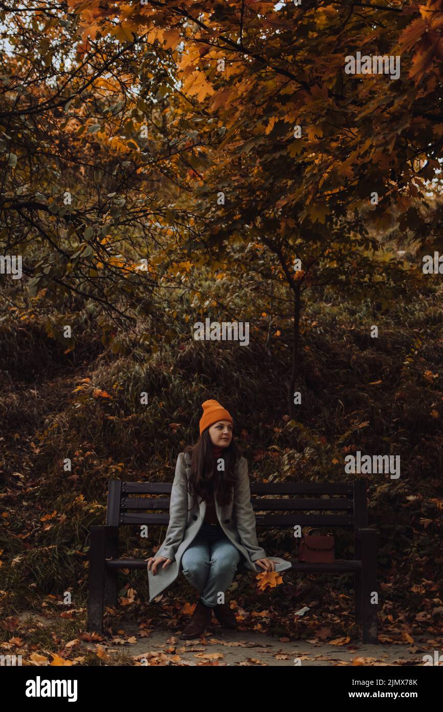 Young woman sitting on bench alone in fall season Stock Photo - Alamy