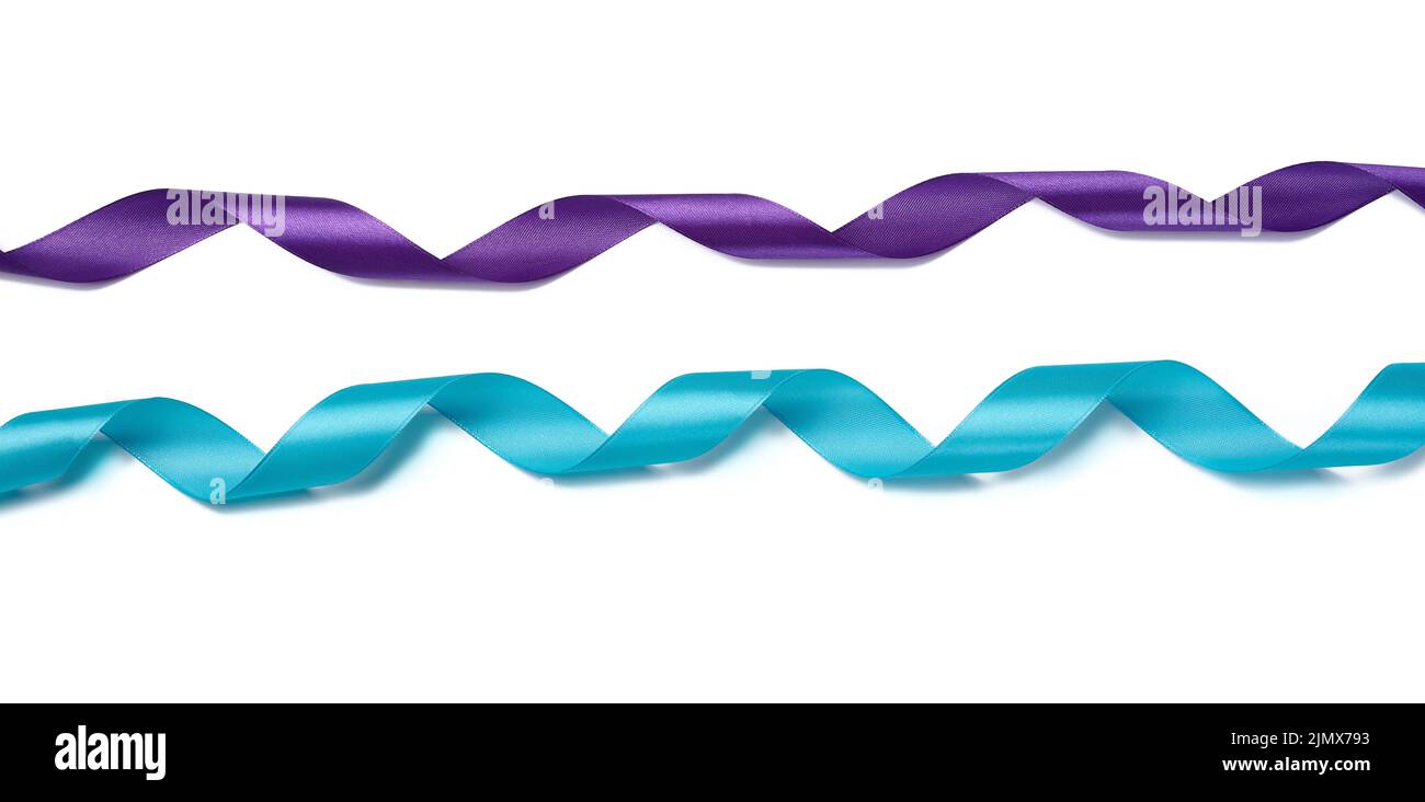 Twisted silk blue and purple ribbons for decoration on a white isolated ...