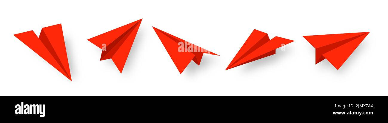 Realistic red paper planes collection. Handmade origami aircraft in ...