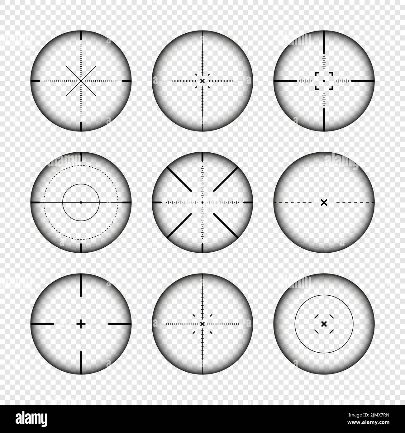 Various weapon sights, sniper rifle optical scopes. Hunting gun viewfinder with crosshair. Aim ...