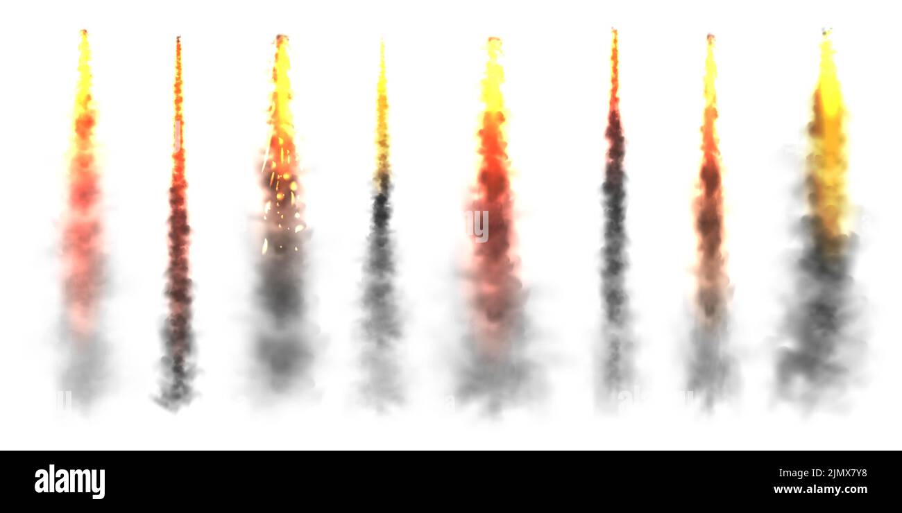 Realistic black smoke with fire, space rocket launch trails. Fire burst ...