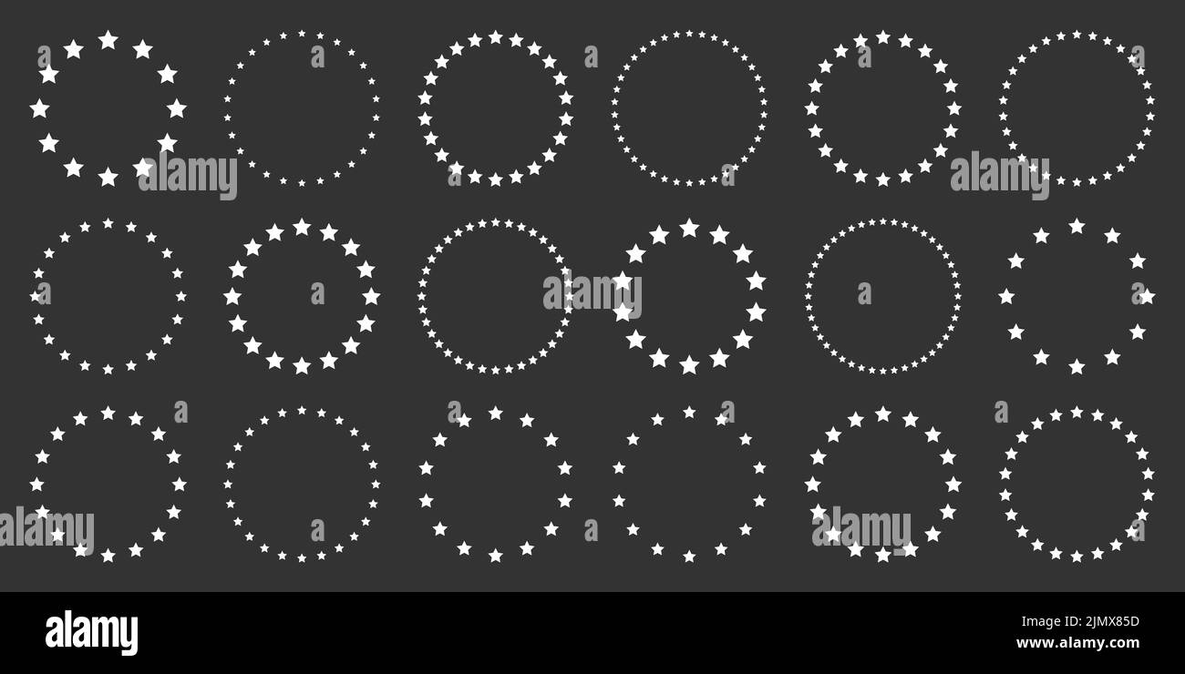 White stars of various sizes arranged in a circle. Round frame, border ...