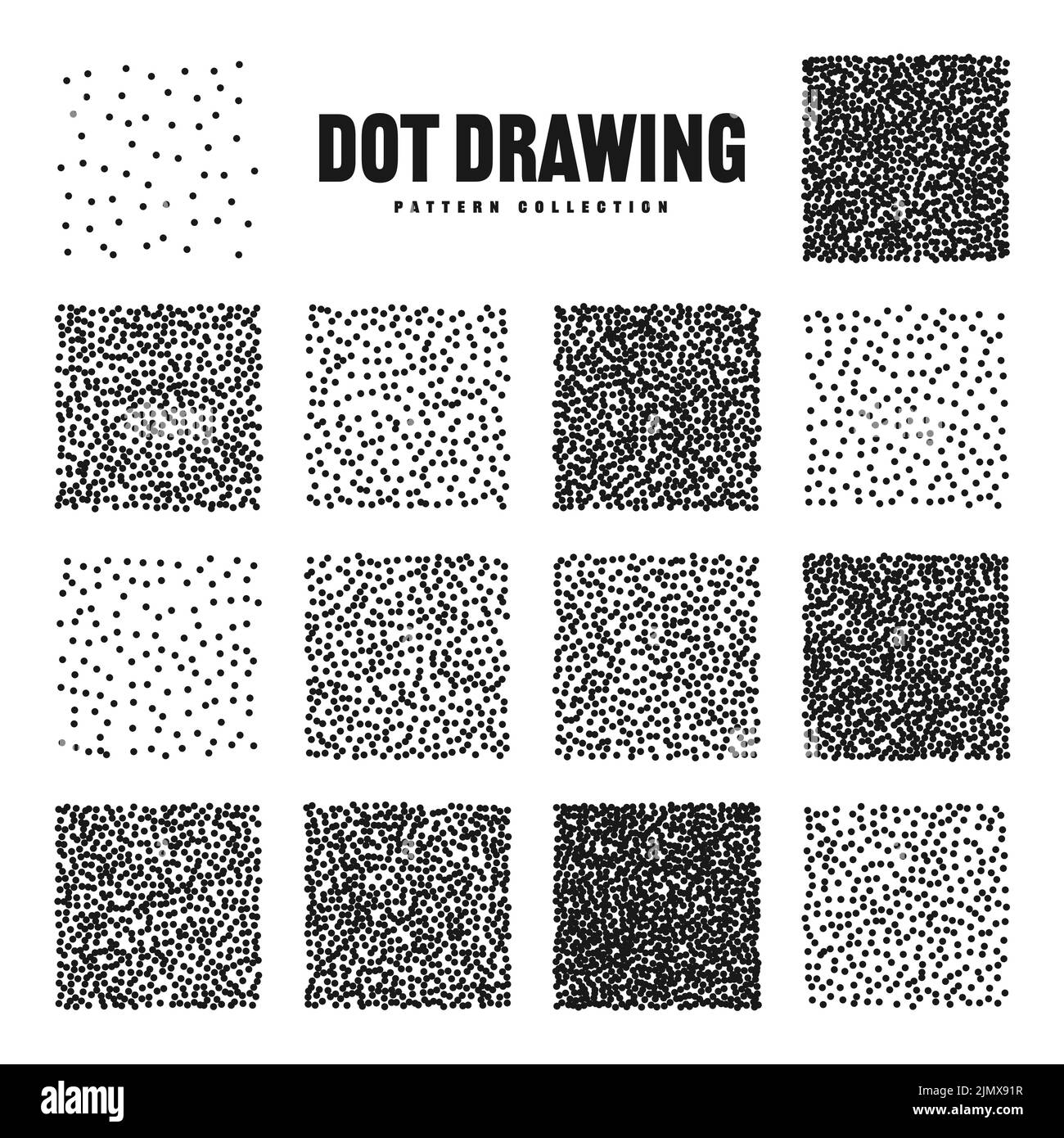 Square shaped dotted objects, stipple elements. Stippling, dotwork drawing, shading using dots ...