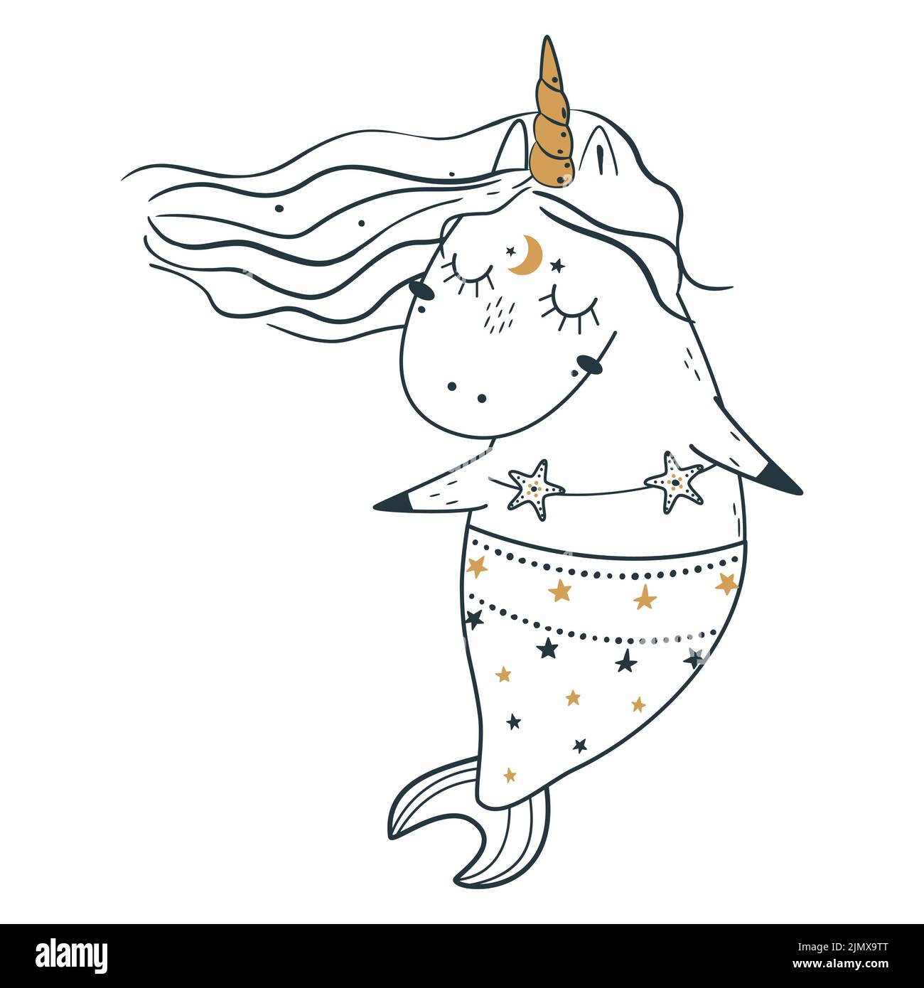 Cute magic celestial unicorn in doodle style. Vector illustration Stock ...