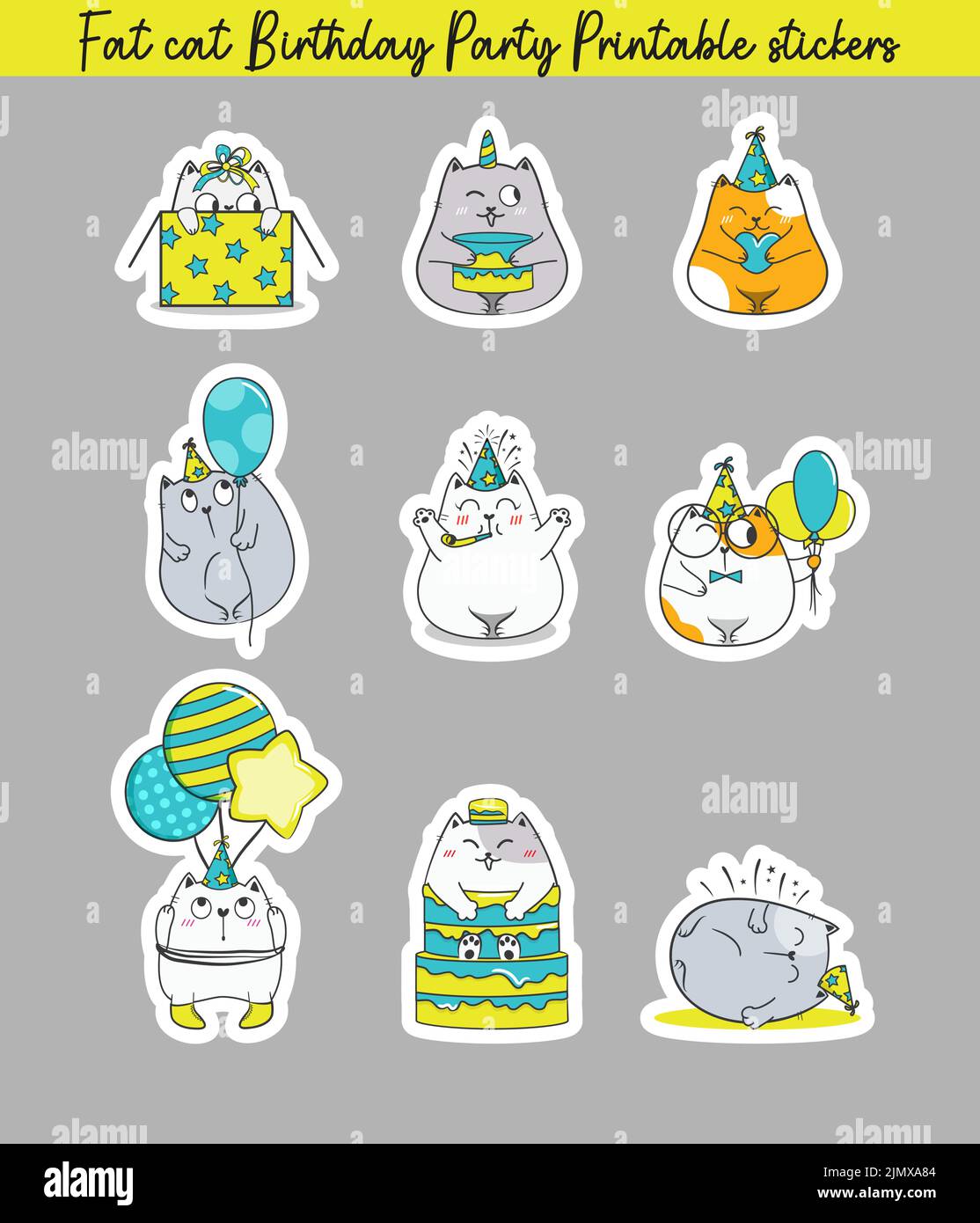 Fat cat birthday party stickers pack. Doodle. Vector stock illustration ...