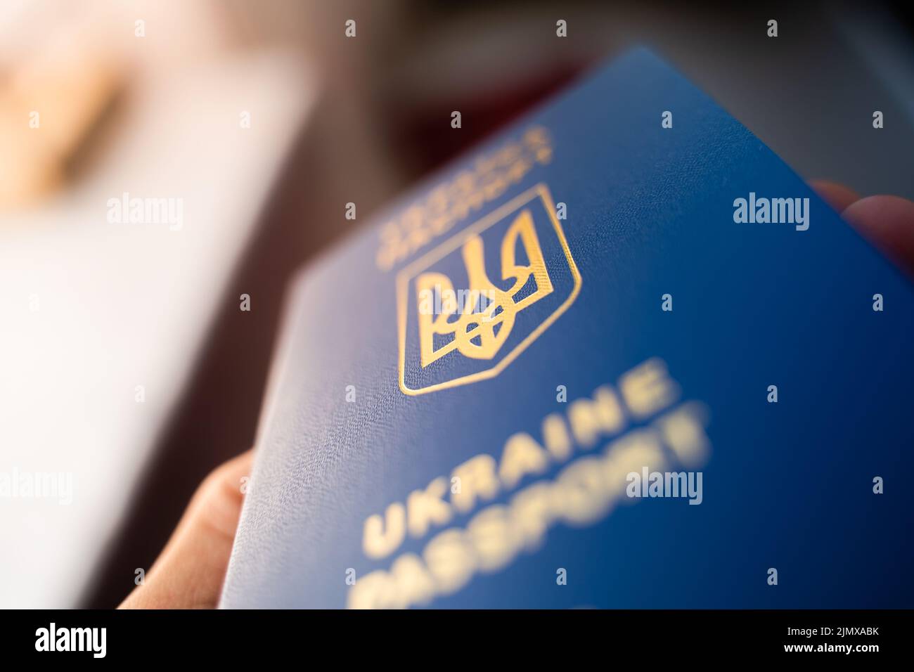 Ukrainian biometric passport in hand close-up on a blurred background ...