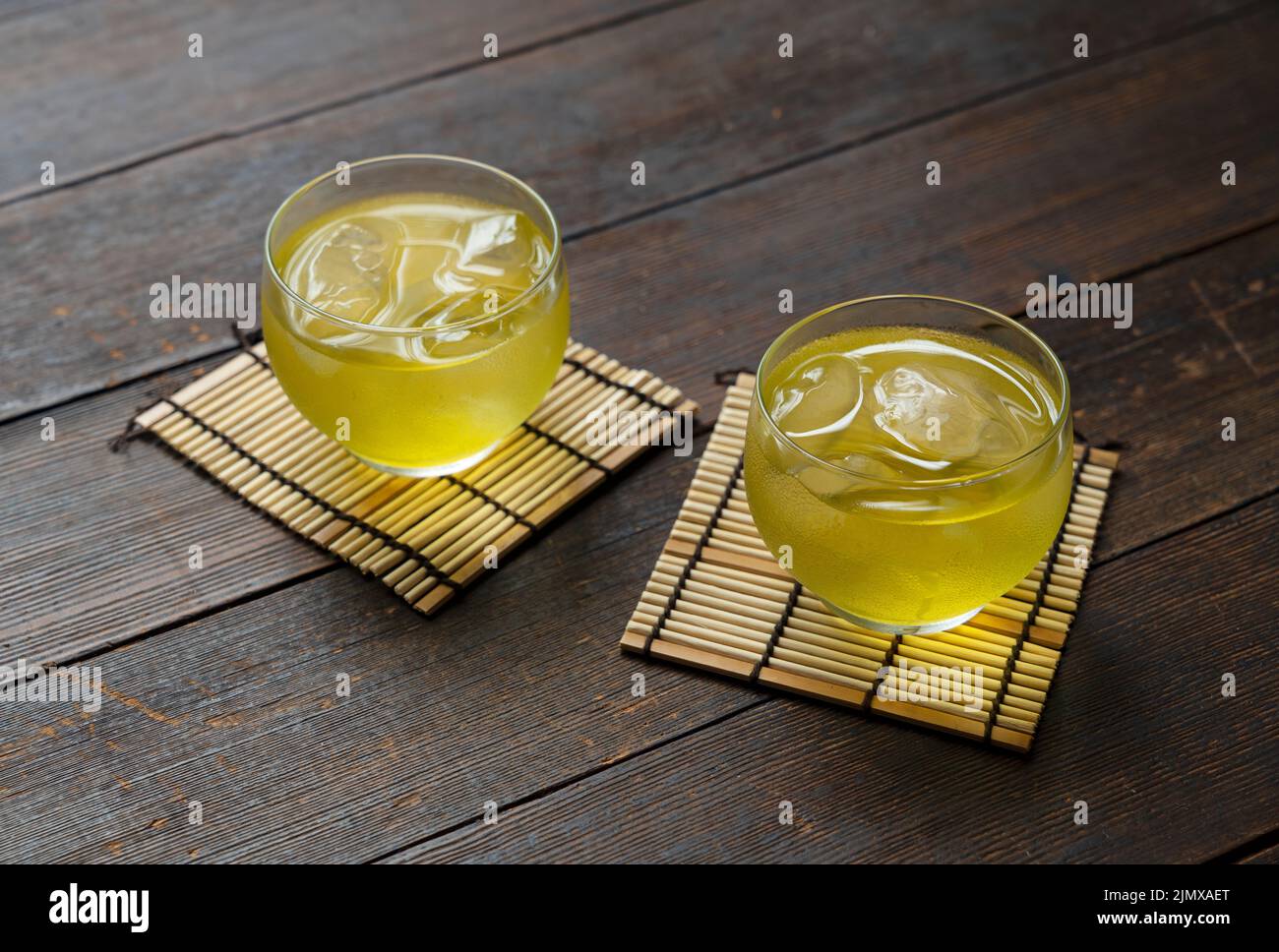 Cold Japanese green tea placed against a wooden background. Green tea ...