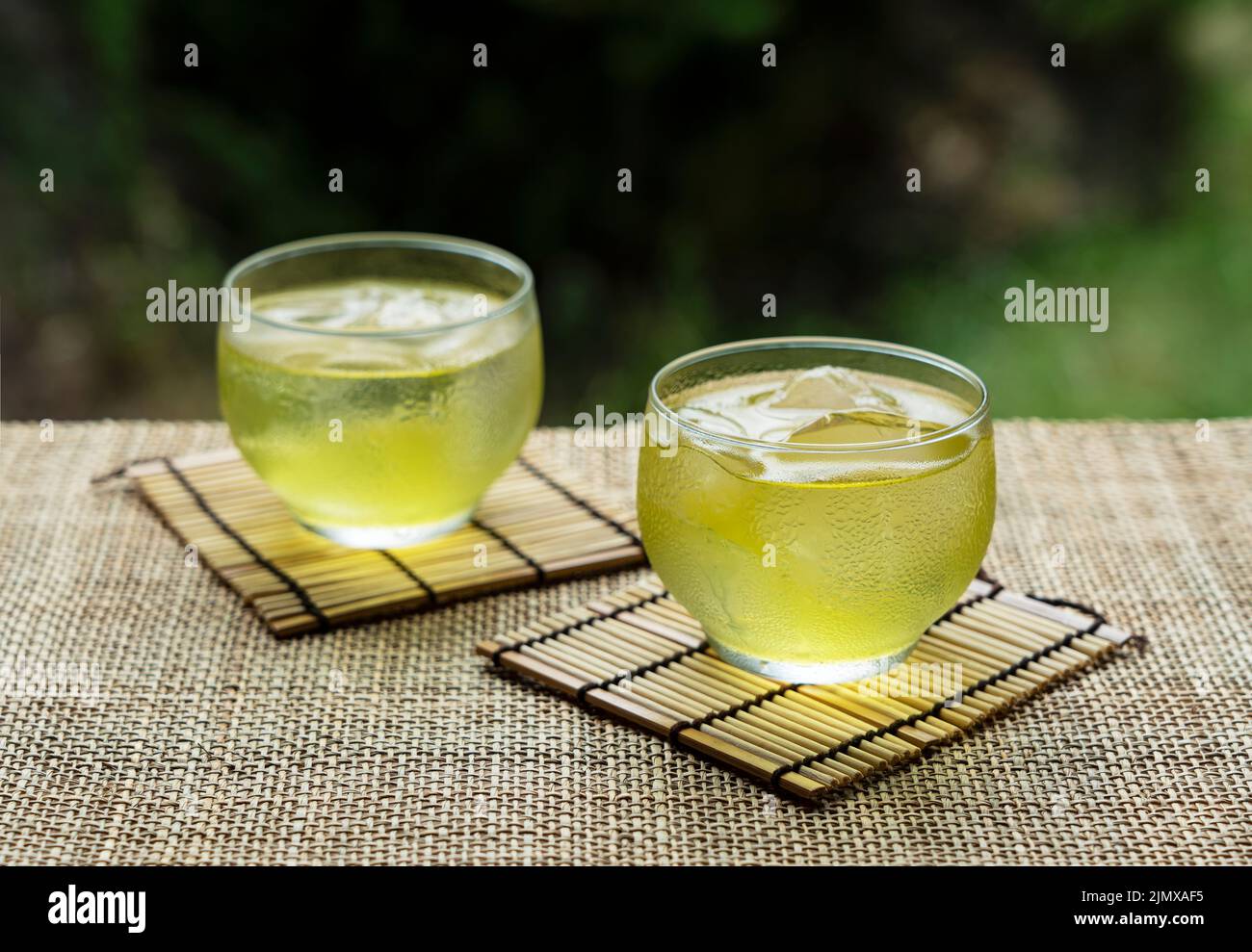 Cold Japanese green tea placed where you can see the garden. Japanese ...