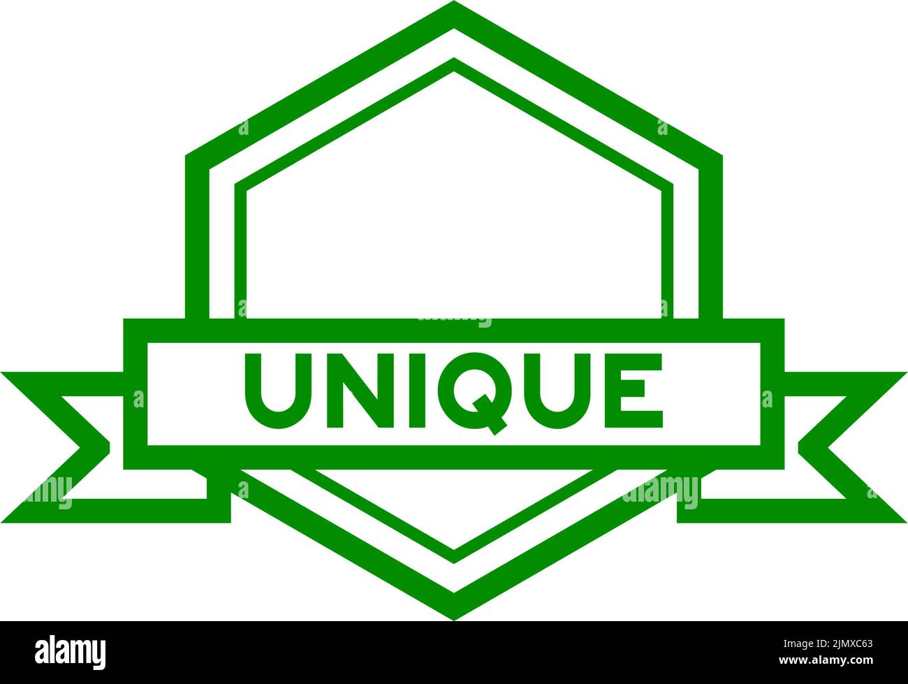 Vintage hexagon label banner with word unique in green color on white ...