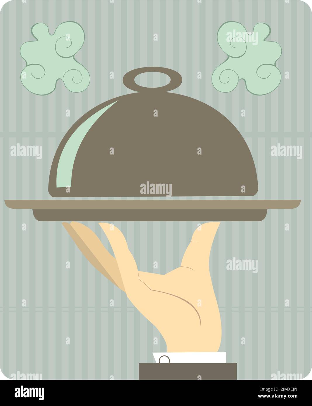 Hand of the waiter holding cloche serving plate. Isolated on white ...