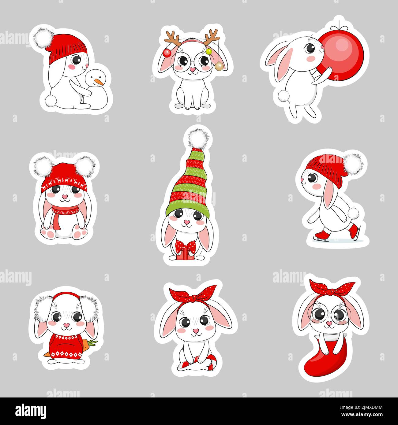 Cute cartoon Merry Christmas bunny sticker pack Stock Vector Image ...