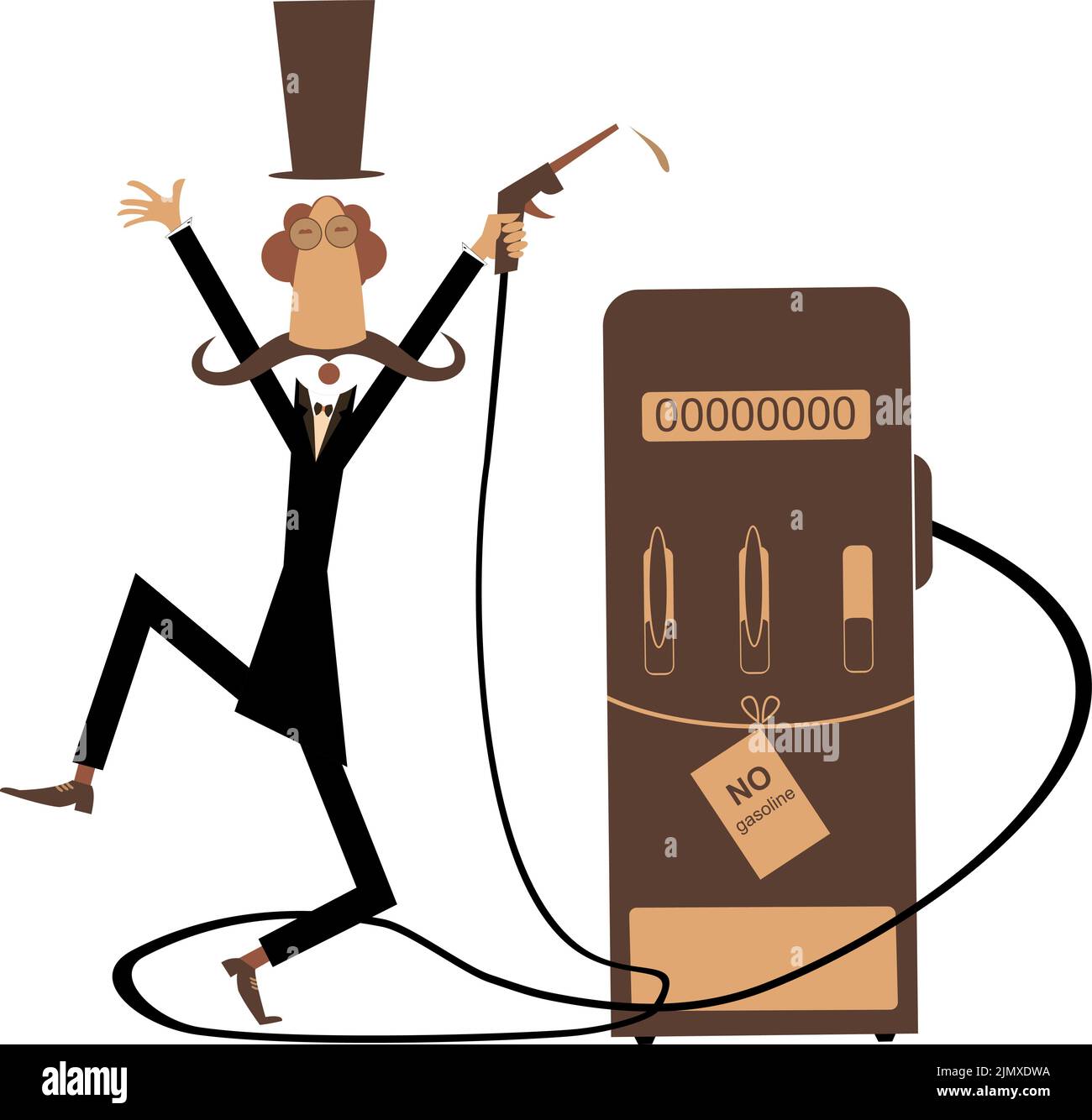 Concept of a fuel crisis. Panic man in the top hat holding a filling ...
