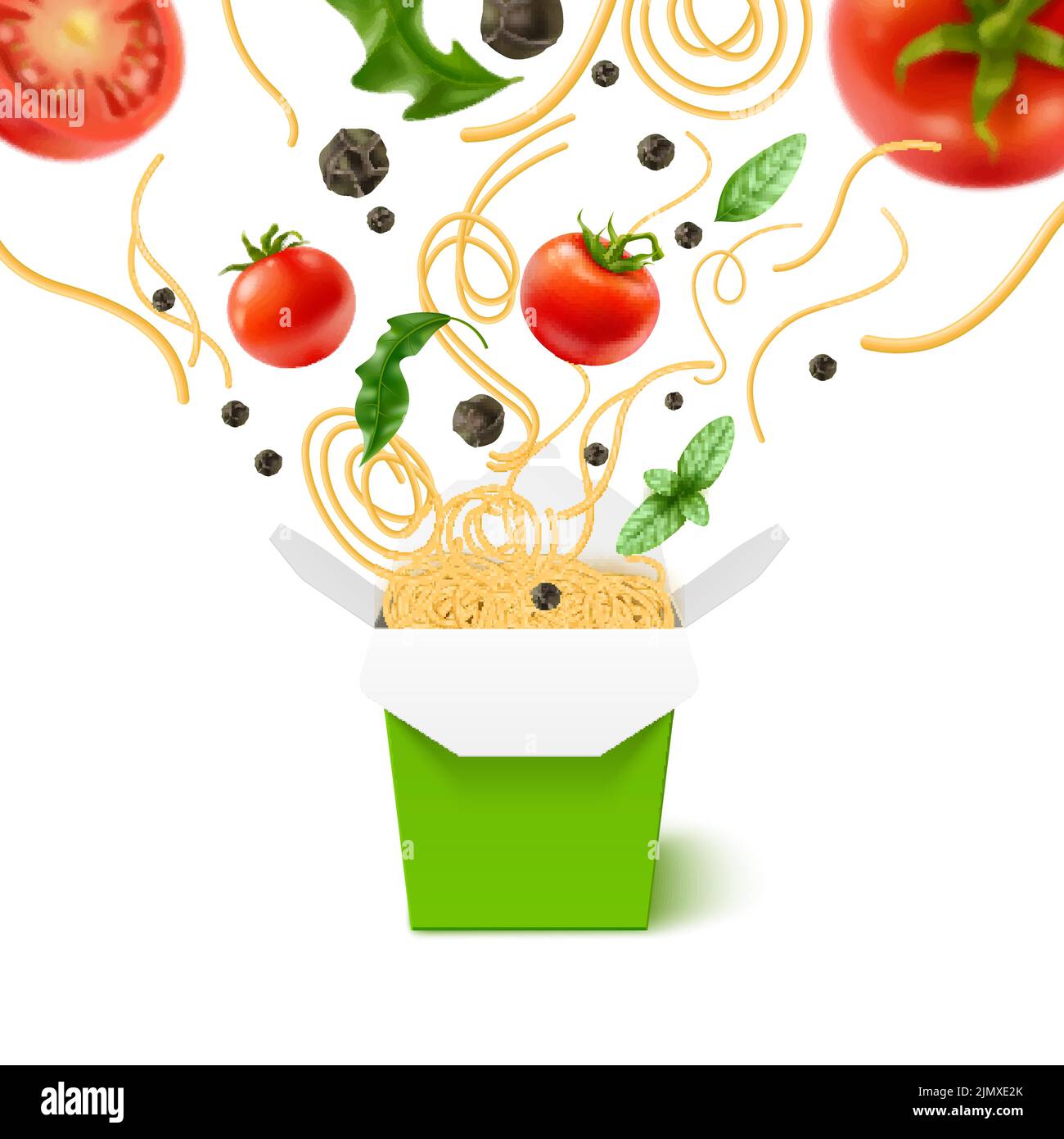 Flying noodles box. Realistic cardboard asian fast food container with ...