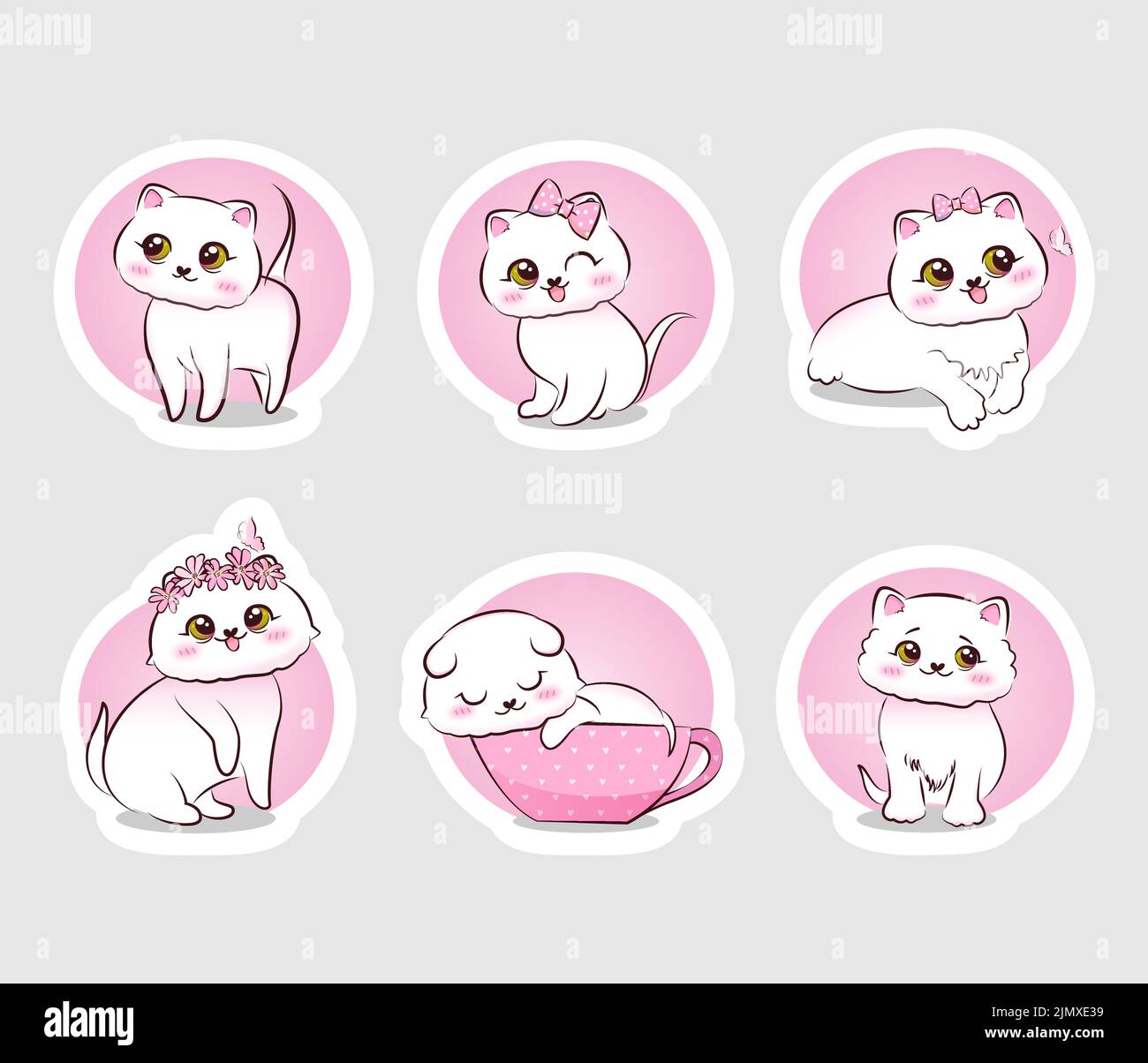 Cute sweet pink kitty in cartoon style, sticker pack. Vector ...