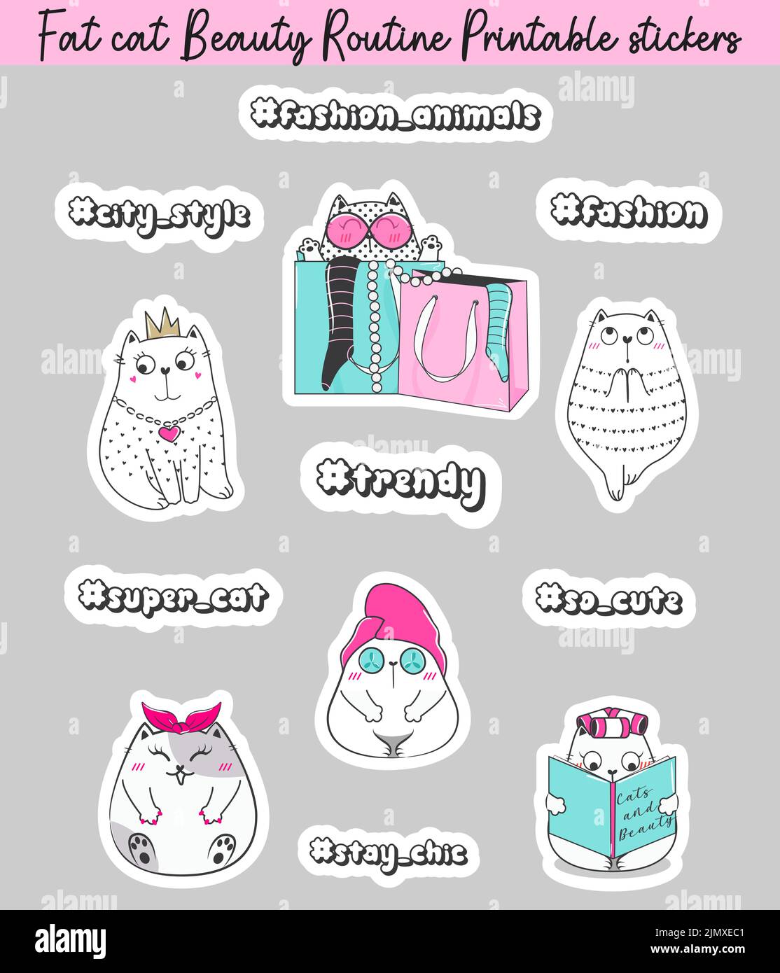 Fat cat beauty routine stickers pack. Vector stock illustration Stock ...