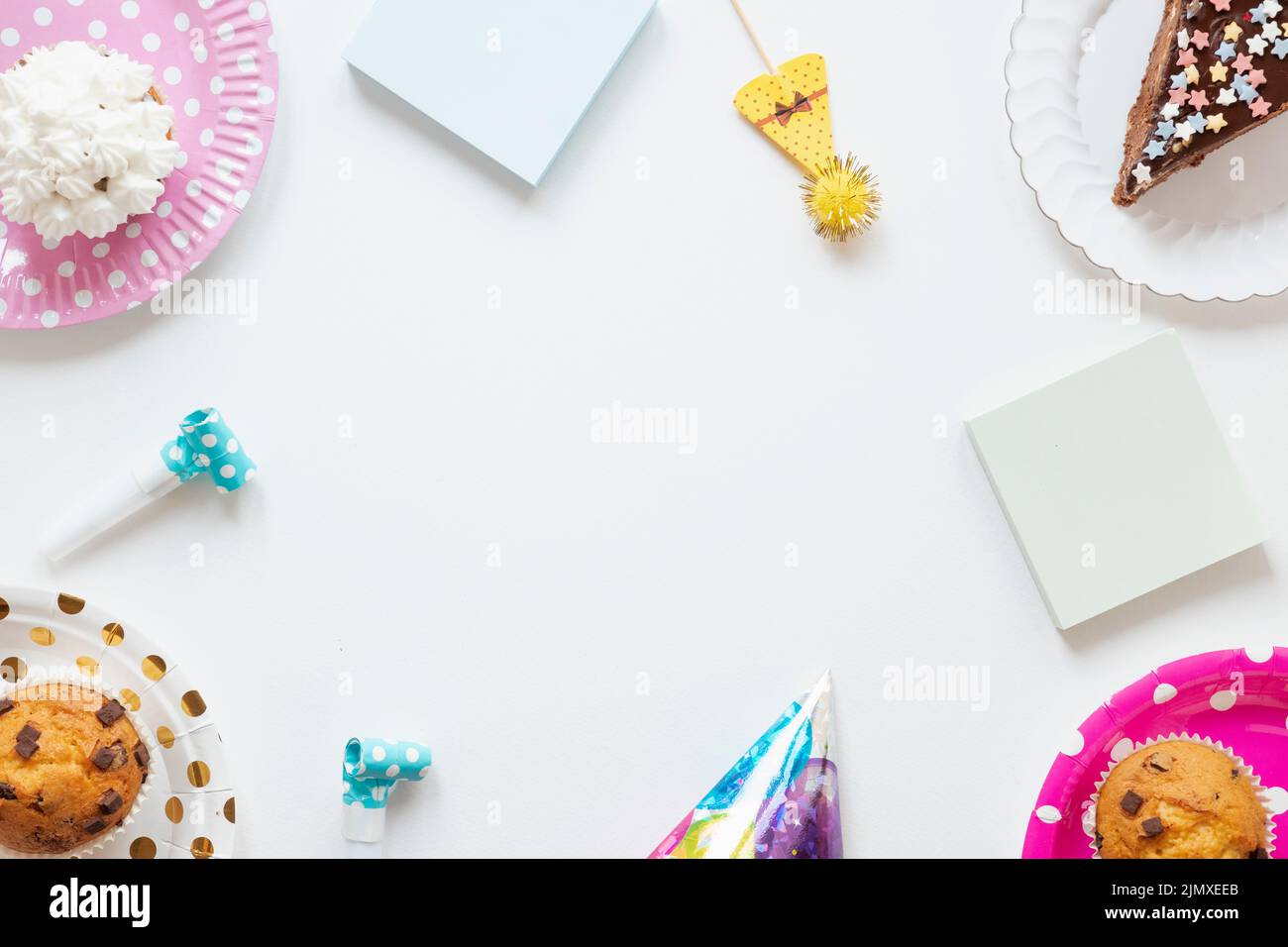Birthday items white background with copy space Stock Photo - Alamy