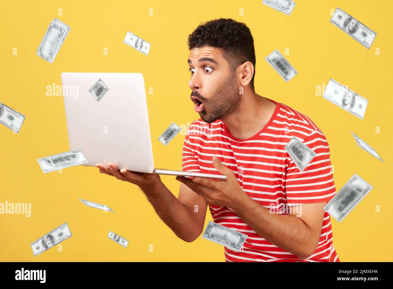 Money falling and shocked rich man. Money rain and portrait of shocked ...