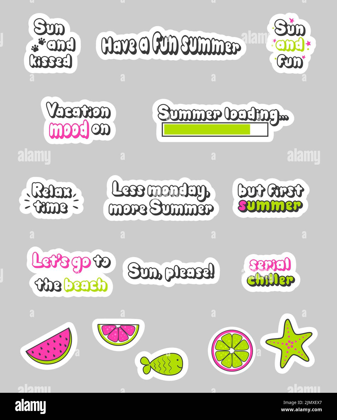 Summer quotes printable stickers. doodle style. Vector stock ...