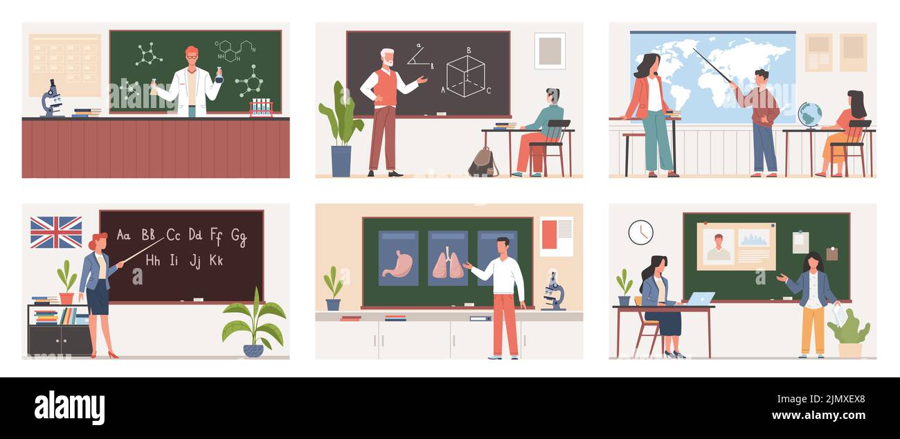 Different teachers with students. Classrooms school blackboards ...