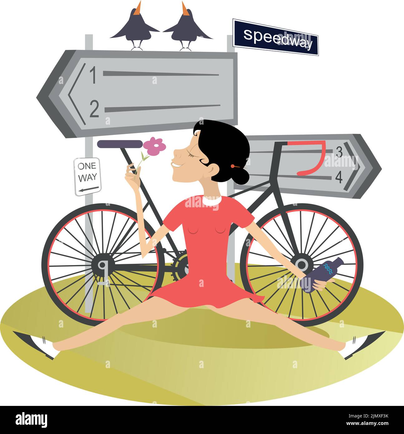 Cycling woman illustration. Smiling cyclist woman sits on the grass ...