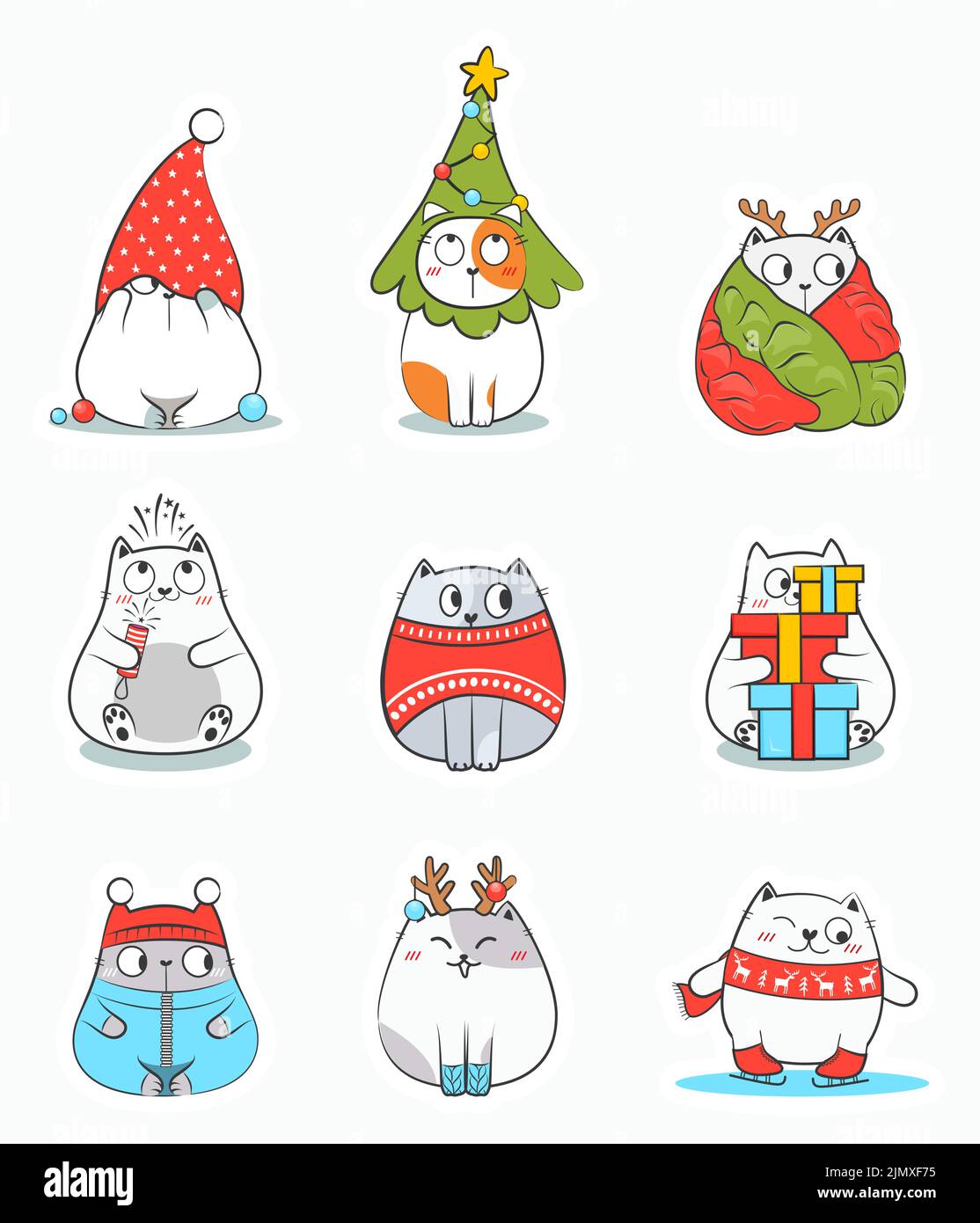 Christmas doodle fat cat collection. Vector stock illustration Stock ...
