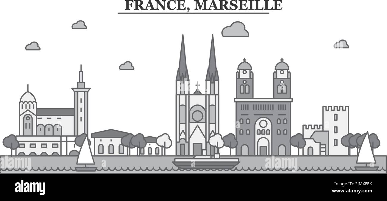 France, Marseille city skyline isolated vector illustration, icons ...