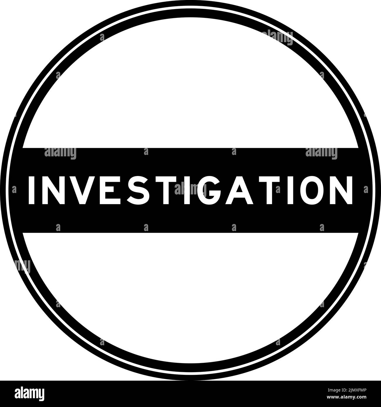 Black color round seal sticker in word investigation on white ...
