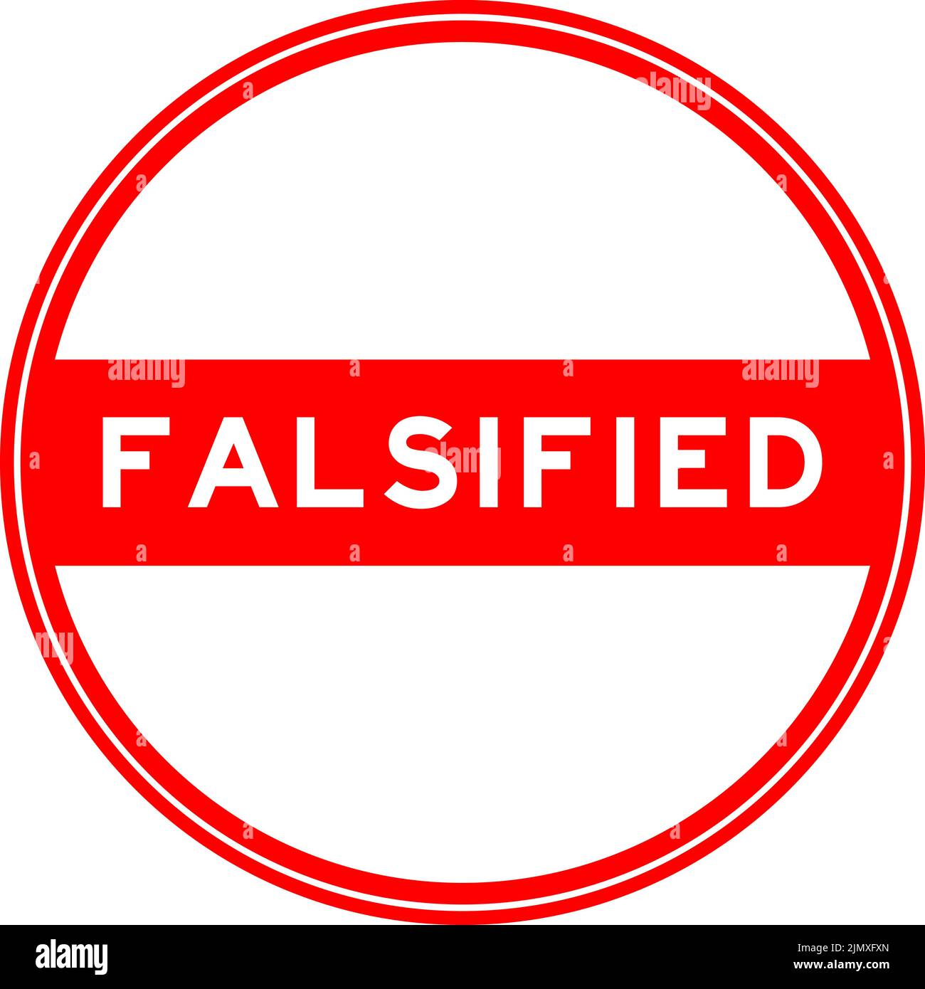 Red color round seal sticker in word falsified on white background ...