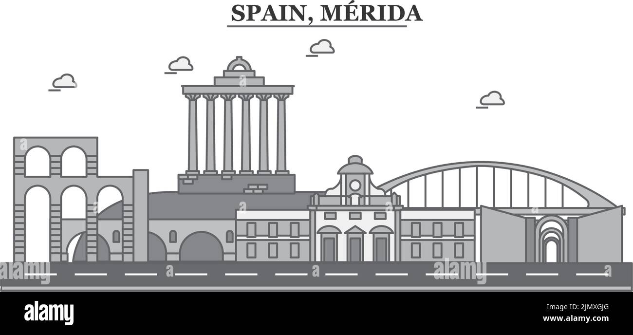 Spain, Merida city skyline isolated vector illustration, icons Stock ...
