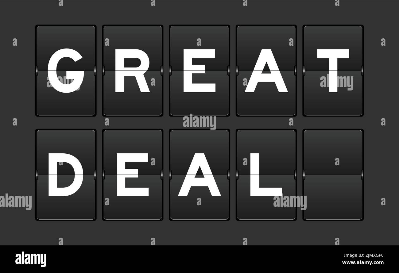 Black color analog flip board with word great deal on gray background ...