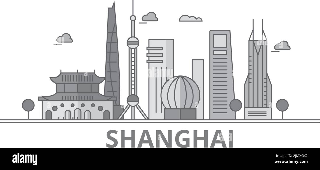 China, Shanghai City city skyline isolated vector illustration, icons ...