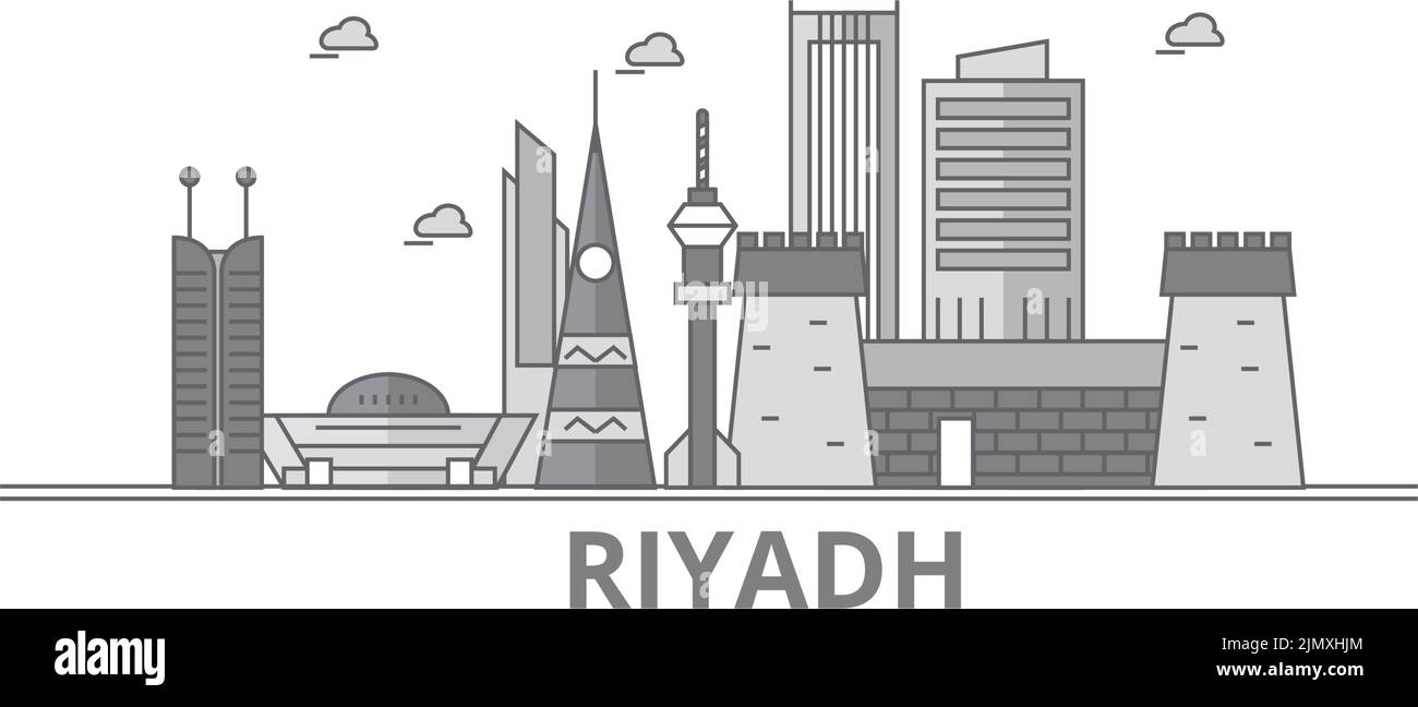 Saudi Arabia, Riyadh city skyline isolated vector illustration, icons ...