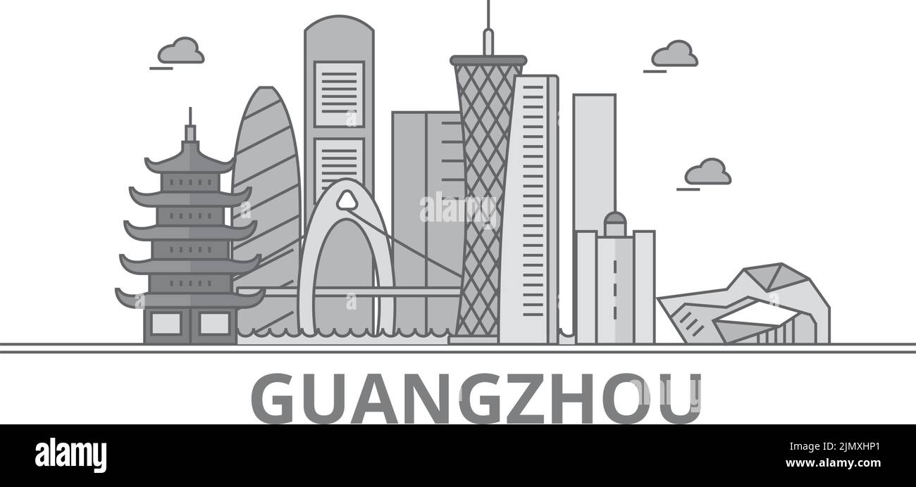 China, Guangzhou City city skyline isolated vector illustration, icons ...