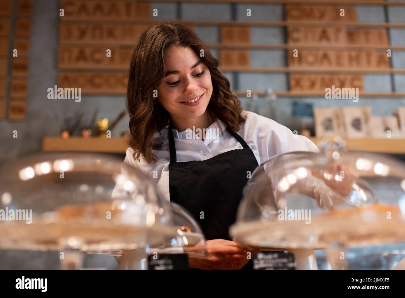 Woman apron working coffee shop Stock Photo - Alamy