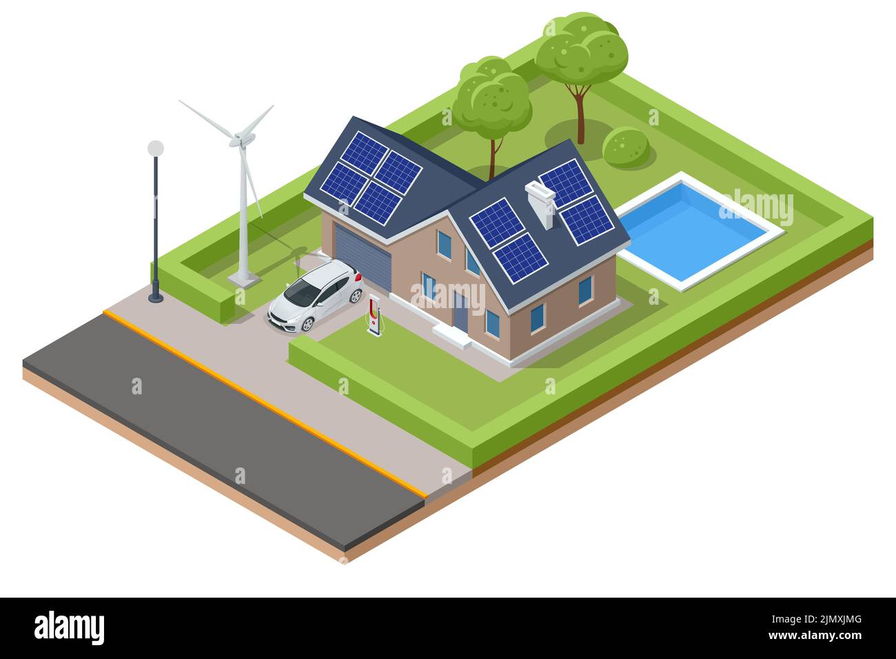 Isometric Modern House with Solar Panels and Wind Turbines. Green Eco ...
