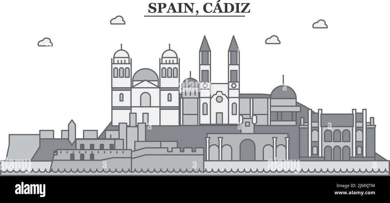 Spain, Cadiz city skyline isolated vector illustration, icons Stock ...