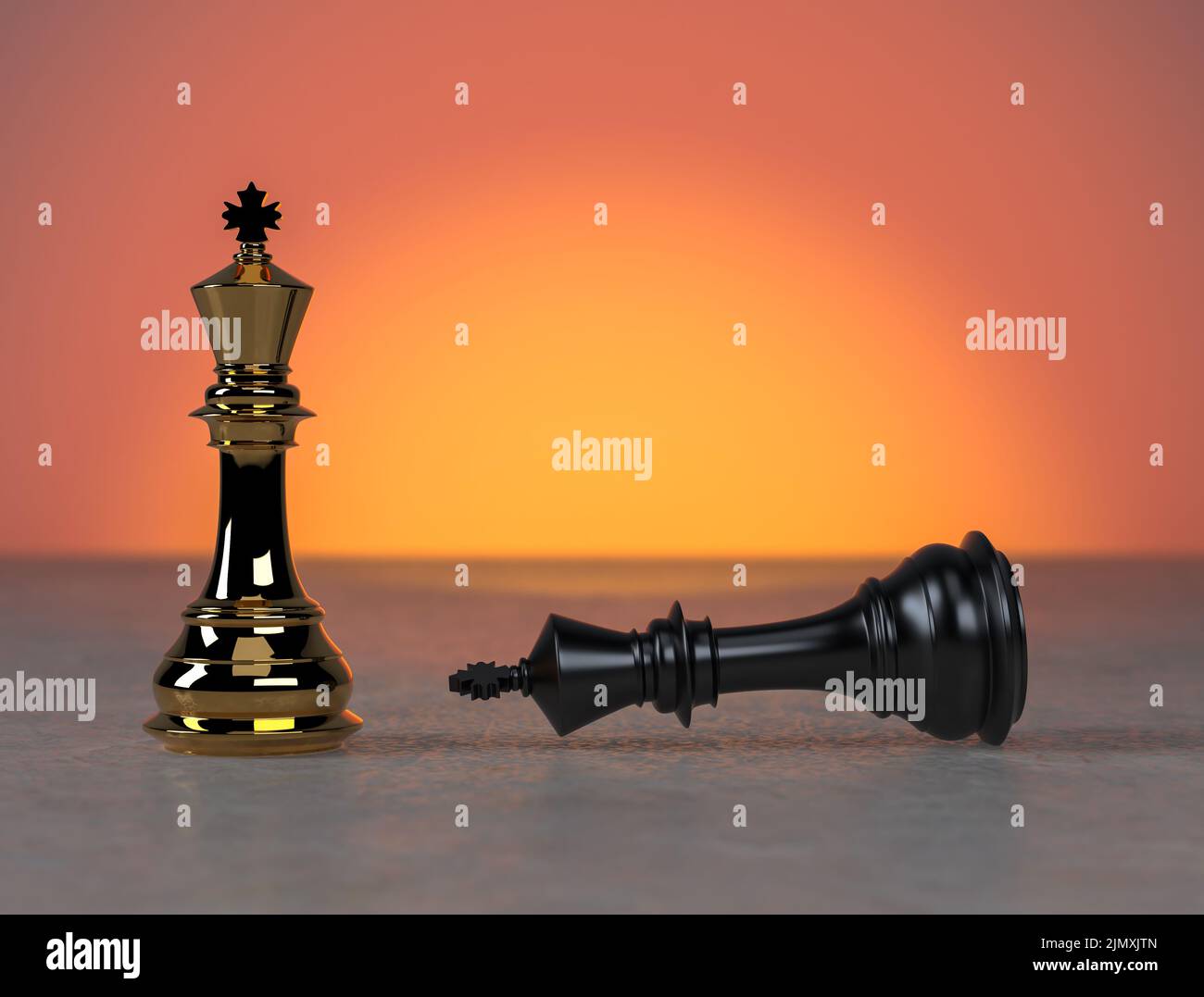 Gold colored chess king standing position, black chess king lying ...