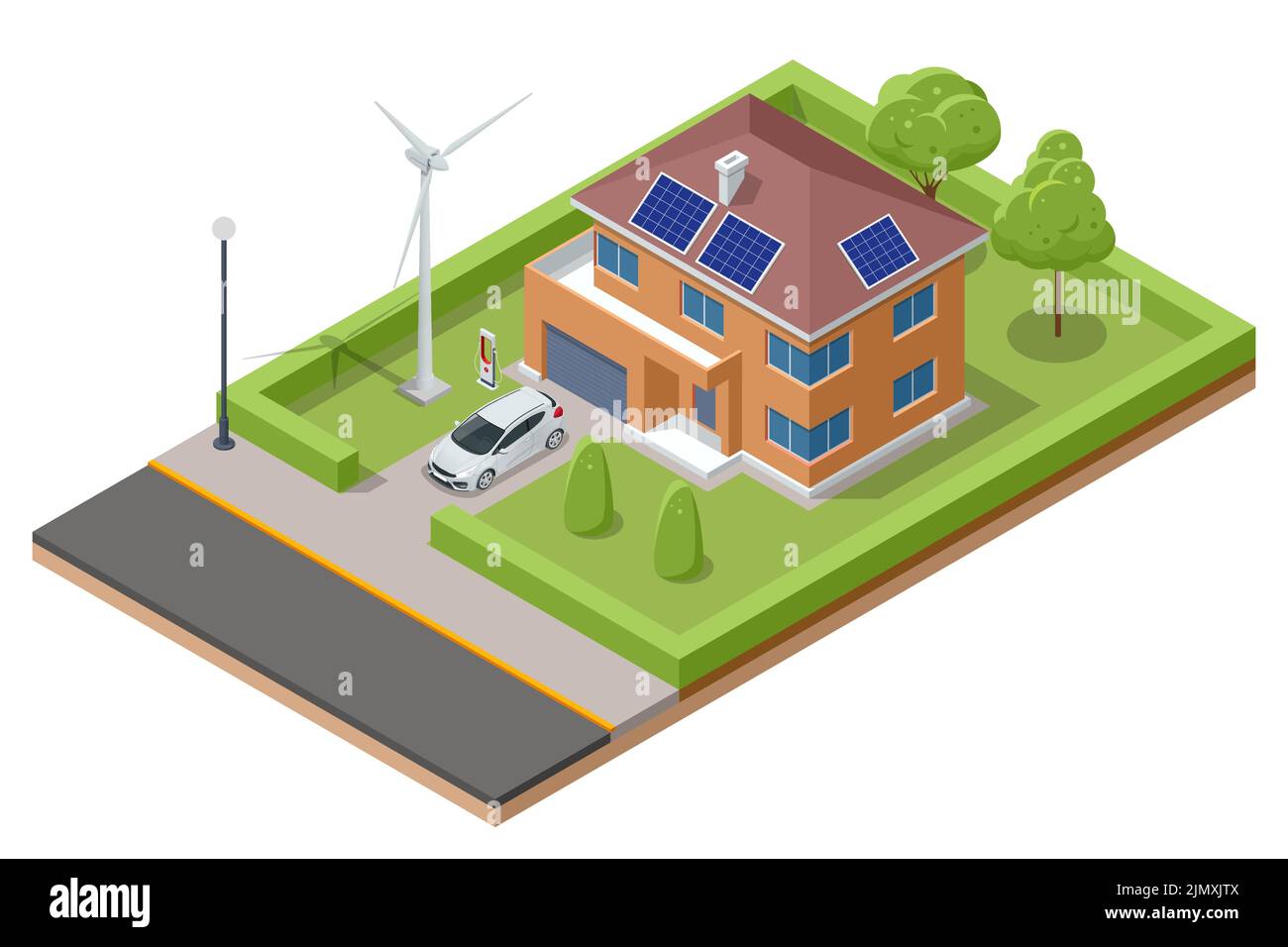 Isometric Modern House With Solar Panels And Wind Turbines Green Eco