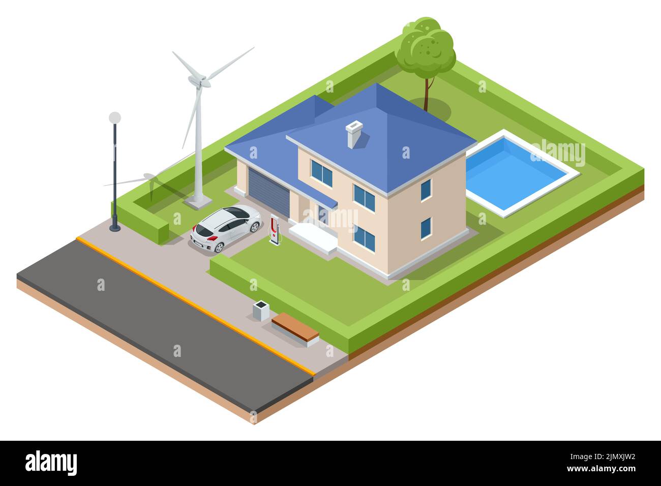 Isometric Modern House with Solar Panels and Wind Turbines. Green Eco ...