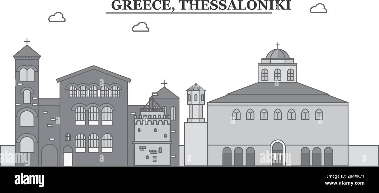 Greece, Thessaloniki city skyline isolated vector illustration, icons ...