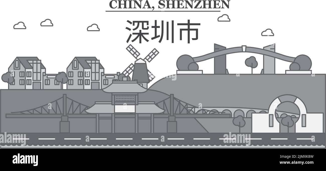 China, Shenzhen city skyline isolated vector illustration, icons Stock ...