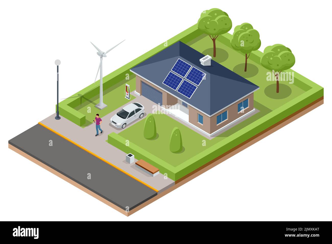 Isometric Modern House With Solar Panels And Wind Turbines Green Eco