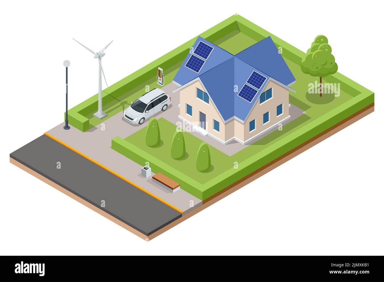 Isometric Modern House with Solar Panels and Wind Turbines. Green Eco ...