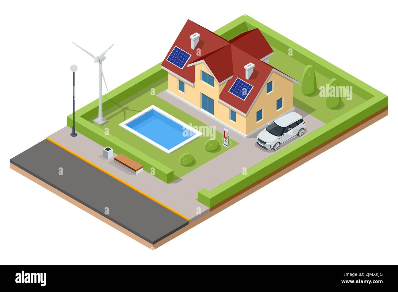 Isometric Modern House with Solar Panels and Wind Turbines. Green Eco ...