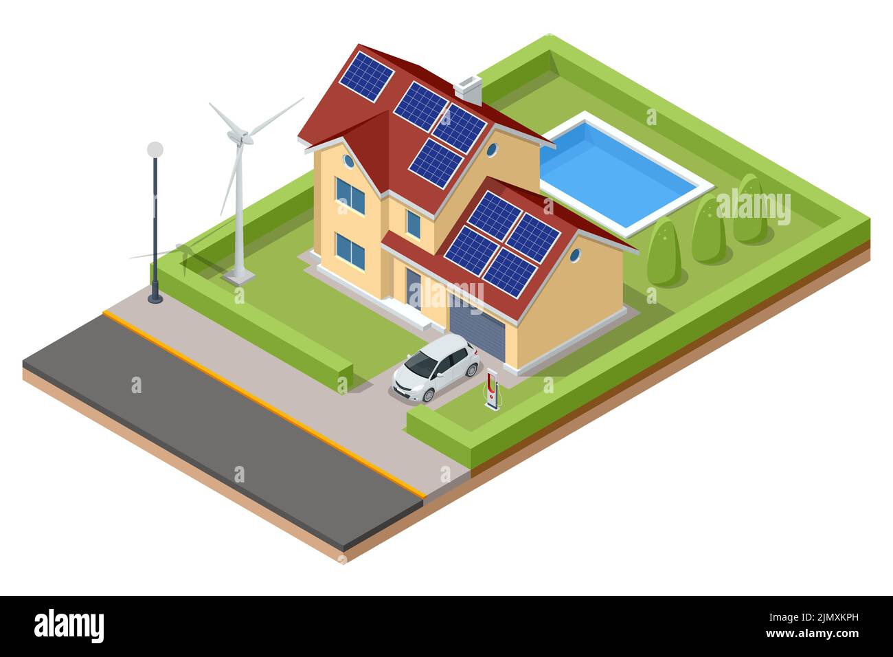 Isometric Modern House with Solar Panels and Wind Turbines. Green Eco ...