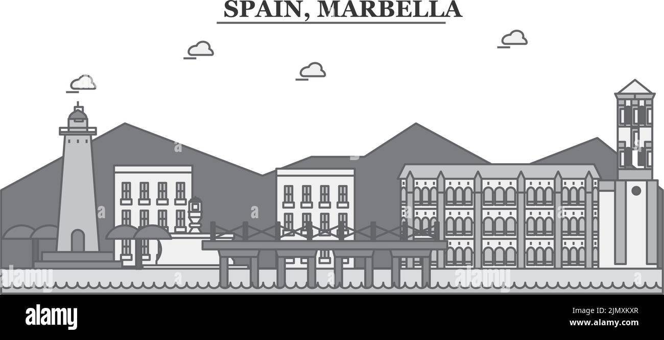 Spain, Marbella city skyline isolated vector illustration, icons Stock ...