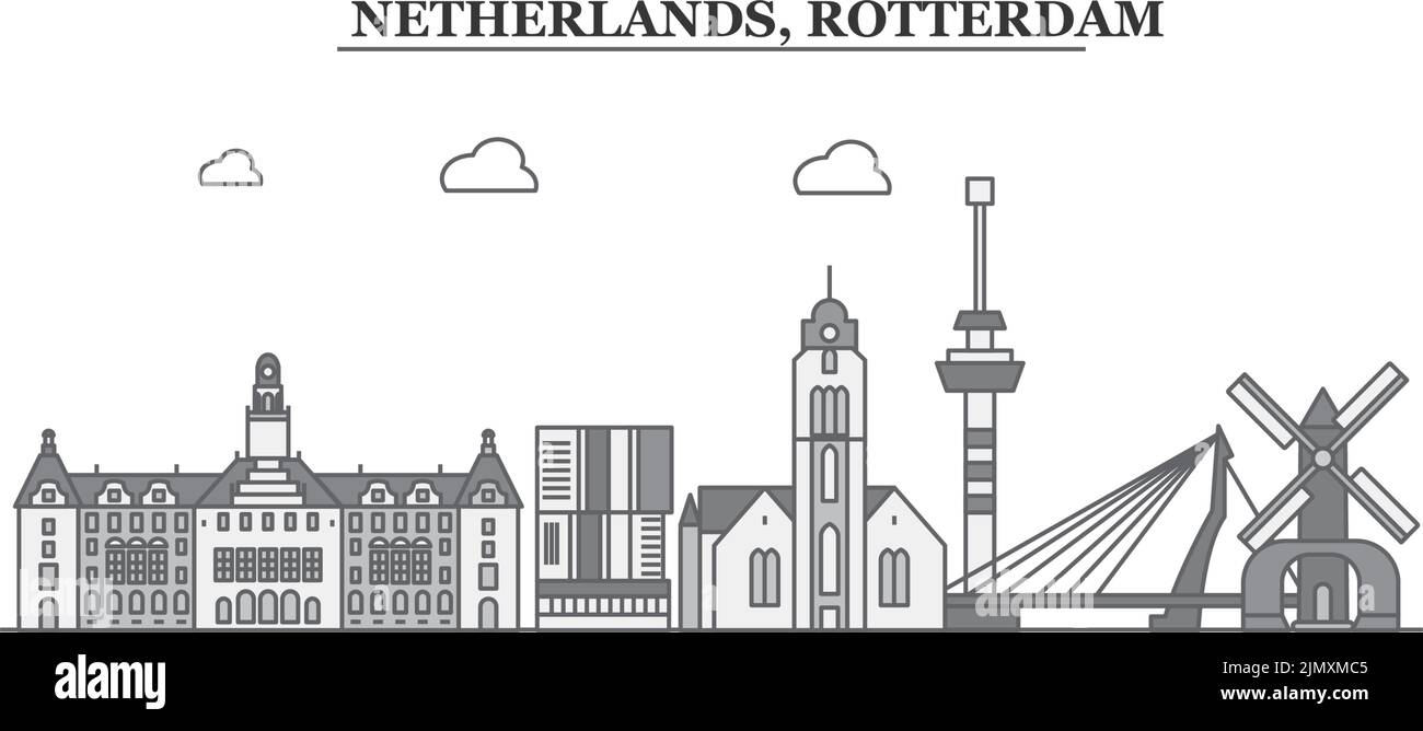 Netherlands, Rotterdam city skyline isolated vector illustration, icons ...